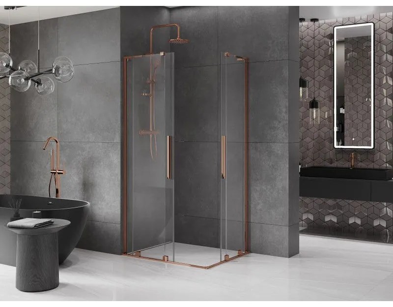 Mexen Velar L Duo, sprchový kout s posuvnými dveřmi 100 x 90 cm, 8mm čiré sklo, růžové zlato, 871-100-090-02-03-60