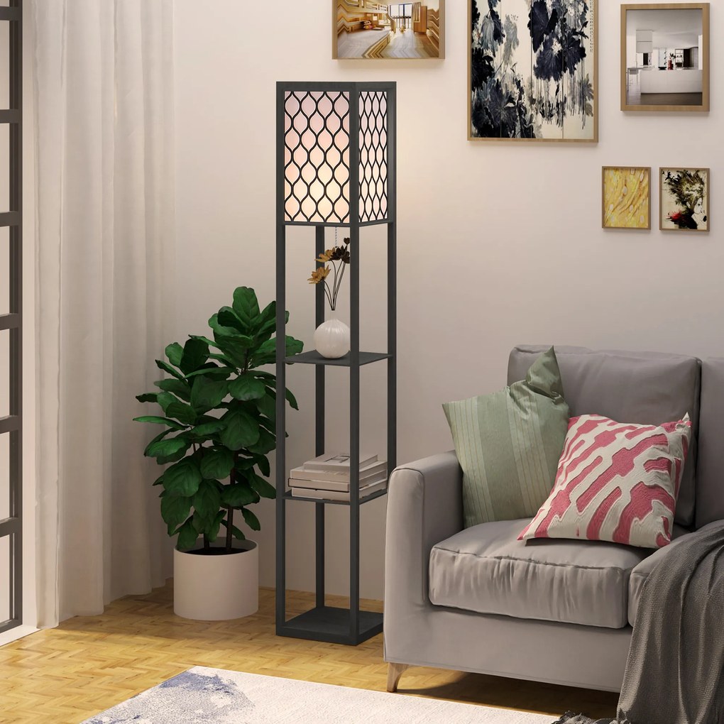 HOMCOM Stojací lampa s policemi Stojací lampa, interiérové osvětlení, E27, do 40W, do obývacího pokoje/ložnice, dřevo, černá, 26x26x160 cm| Aosom