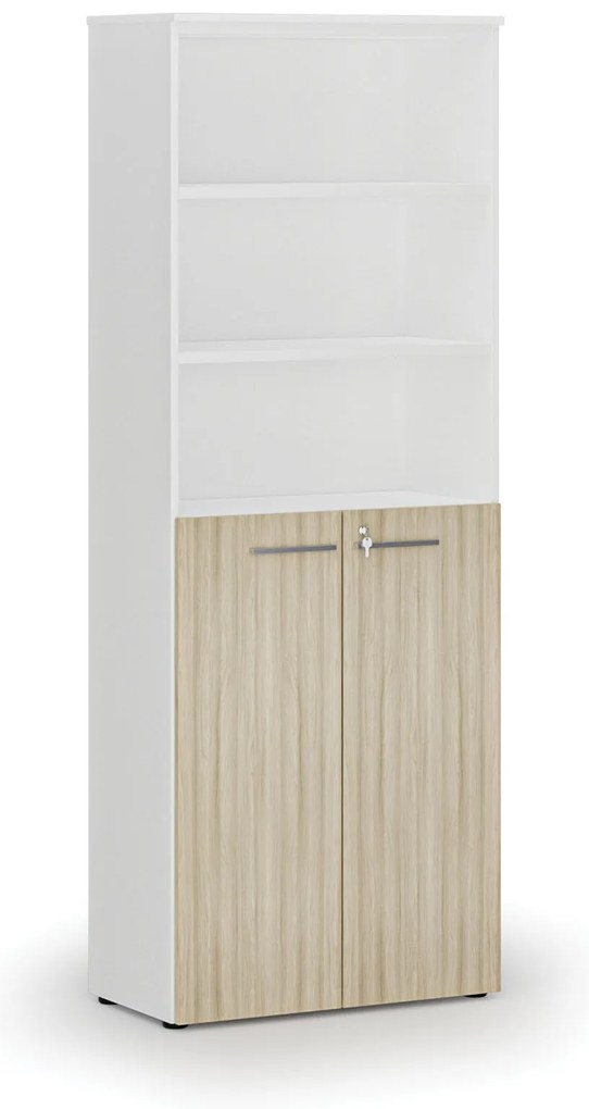 Kombinovaná kancelářská skříň PRIMO WHITE, dveře na 3 patra, 800 x 420 x 2128 mm, bílá/dub přírodní