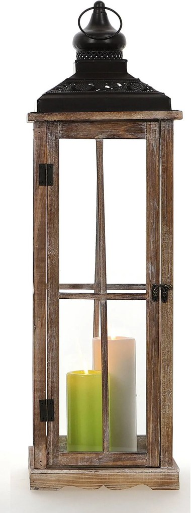 Dřevěný lucerna s plechovým vrchem MSL2204BR - hnědý (24x24x77 cm)  venkovský stylu