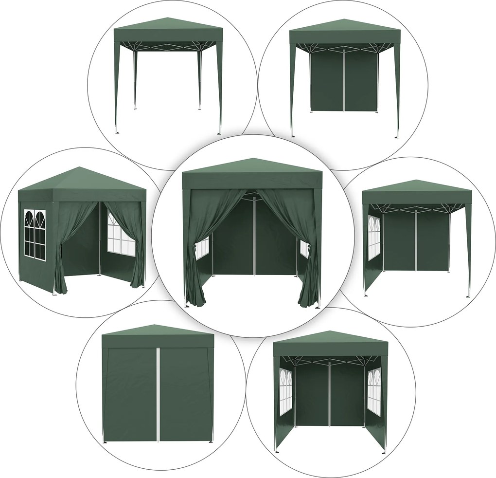 Outsunny skládací pavilon, pivní stan, 4 odnímatelné boční stěny, 2 okna, kovový rám, 2 x 2 m, tmavě zelená