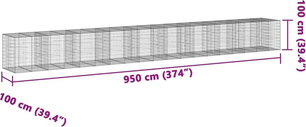 Gabionový koš s víkem 950 x 100 x 100 cm pozinkované železo 3295207