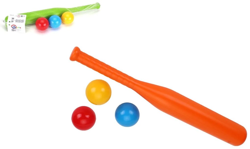 Baseballová pálka 50cm + míčky 3ks plast 2 barvy v síťce