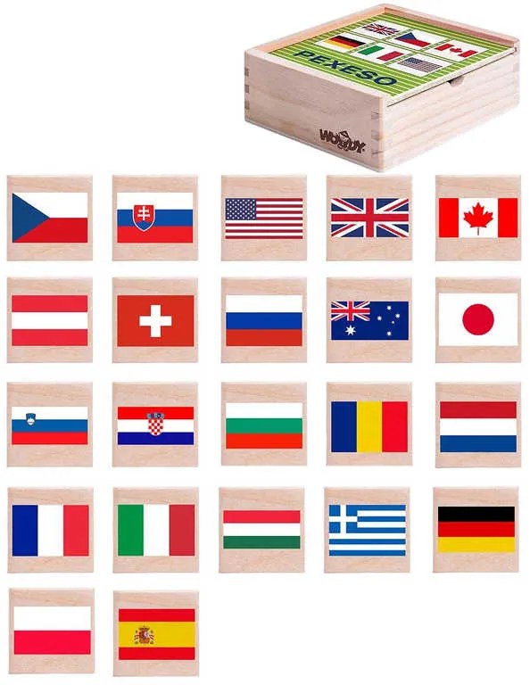 WOODY DŘEVO Pexeso vlajky států 44ks dřevěný box *SPOLEČENSKÉ HRY* 93058