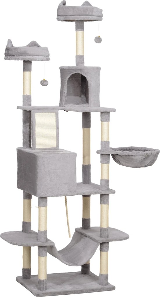 PawHut Kočičí škrabadlo Vysoké 206 cm - Strom pro kočky s plošinami, norami, visícími míčky a houpacími sítěmi, Světle šedá