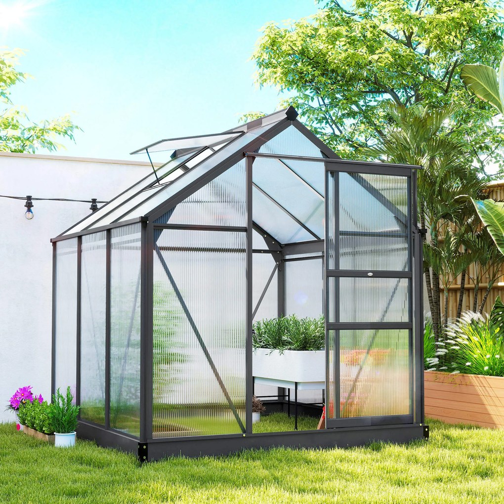 Zahradní skleník Outsunny z polykarbonátu 3,65 m² hliníkový skleník pro zahradu 190 x 192 x 201 cm odolný vůči UV záření, se zpevněným základem, okap…