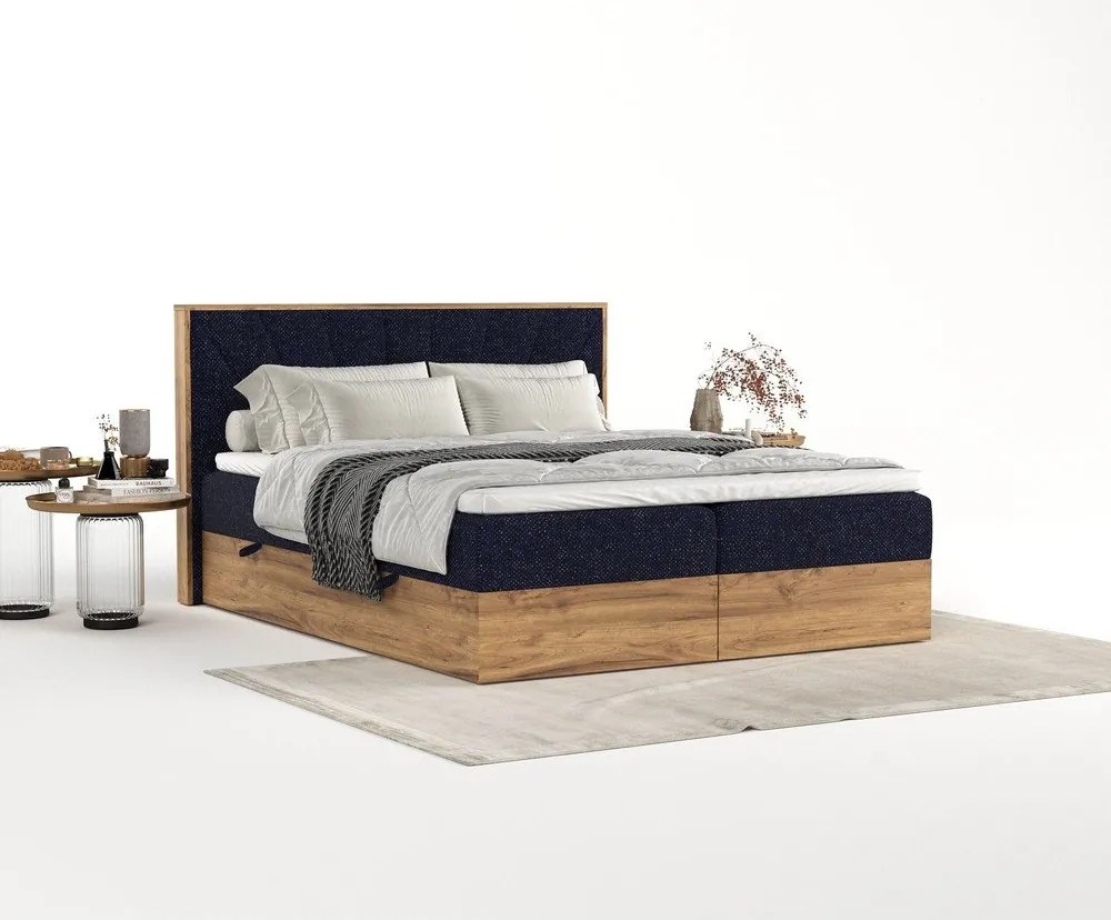 Boxspring postel s úložným prostorem v tmavě modro-přírodní barvě 160x200 cm Asahi – Maison de Rêve