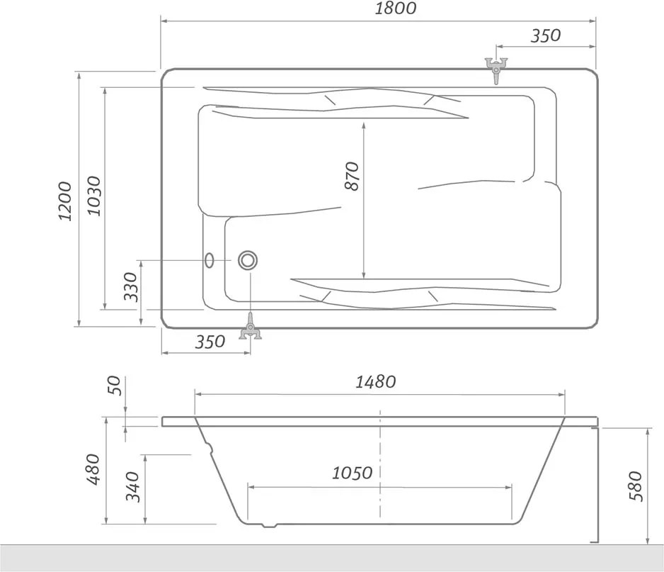 Speciální obdélníková akrylátová vana pro dvě osoby AMORE S 1800 × 1200 AMORE 300 l 9720000