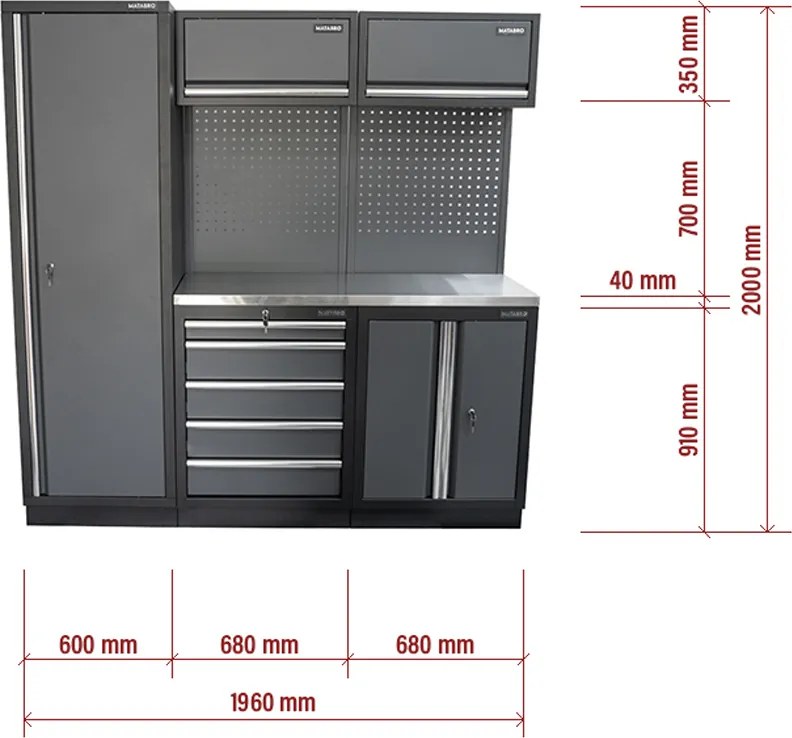 AKČNÍ SET Sestava 5 ks dílenského nábytku SET-CA01024 s nerezovou pracovní deskou MB-TGW53S