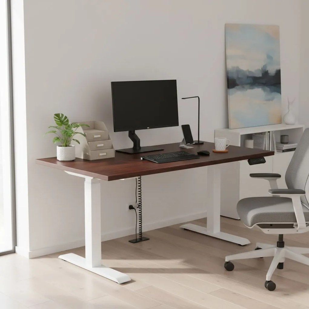 Výškově nastavitelný stůl OfficeTech D, 140 x 80 cm, bílá podnož, wenge