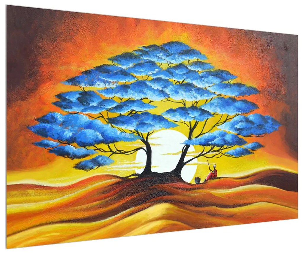 Orientální obraz modrého stromu a slunce (120x80 cm)
