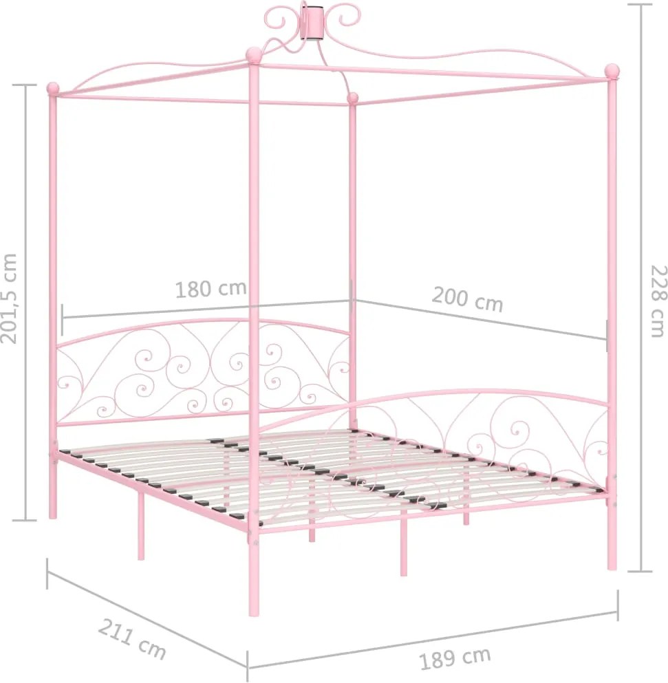vidaXL Marketos Rám postele s nebesy růžový kovový 180 x 200 cm