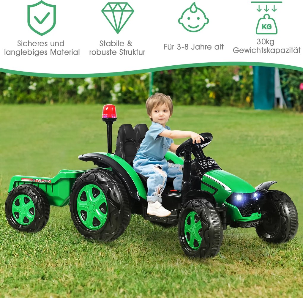 Costway 12 V dětský elektrický traktor s přívěsem – 151 × 68 × 70 cm, zelený