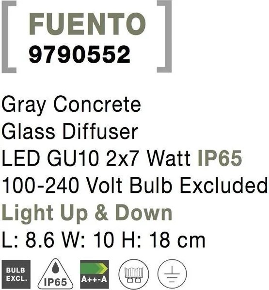 NV 9790552 Venkovní nástěnné svítidlo FUENTO šedý beton skleněný difuzor GU10 2x7W IP65 100-240V bez žárovky světlo nahoru a dolů - NOVA LUCE