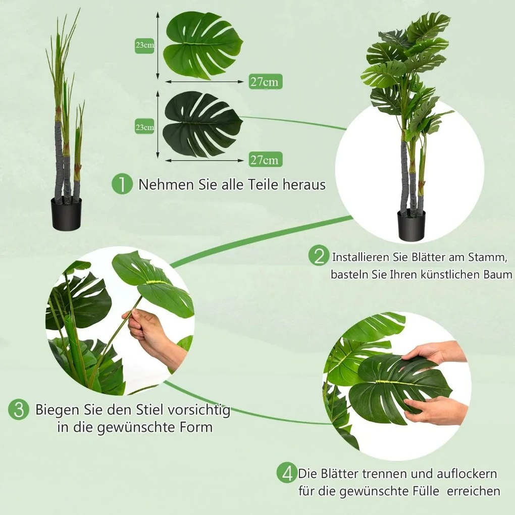 Costway 120 cm vysoký umělý strom Falešná rostlina Monstera Deliciosa, zelený