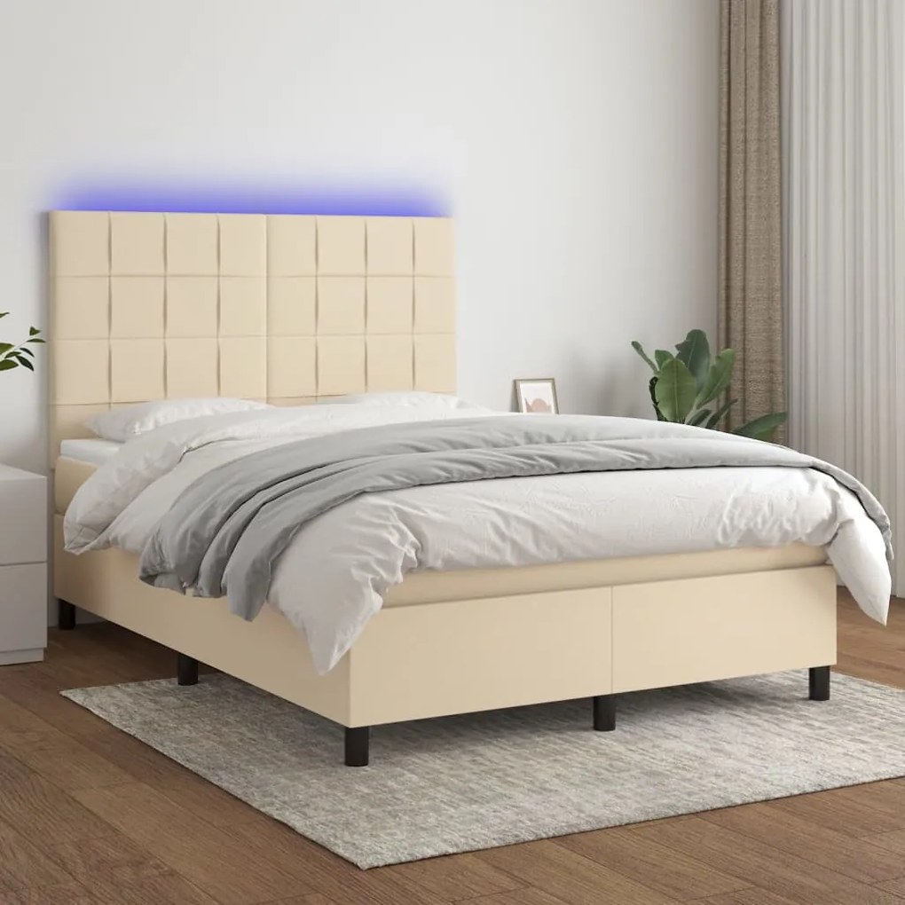 Box spring postel s matrací a LED krémová 140x200 cm textil