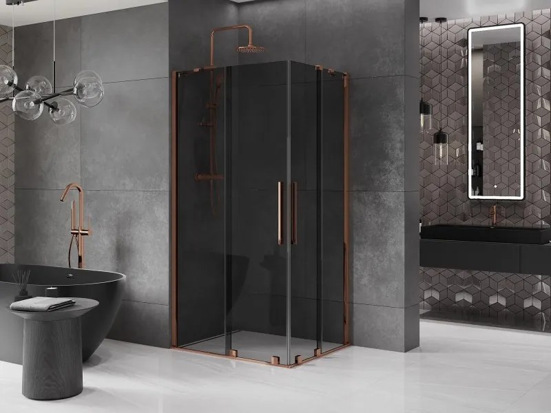 Mexen Velar Duo, sprchový kout s posuvnými dveřmi 100 x 90 cm, 8mm šedé sklo, růžové zlato, 871-100-090-42-60