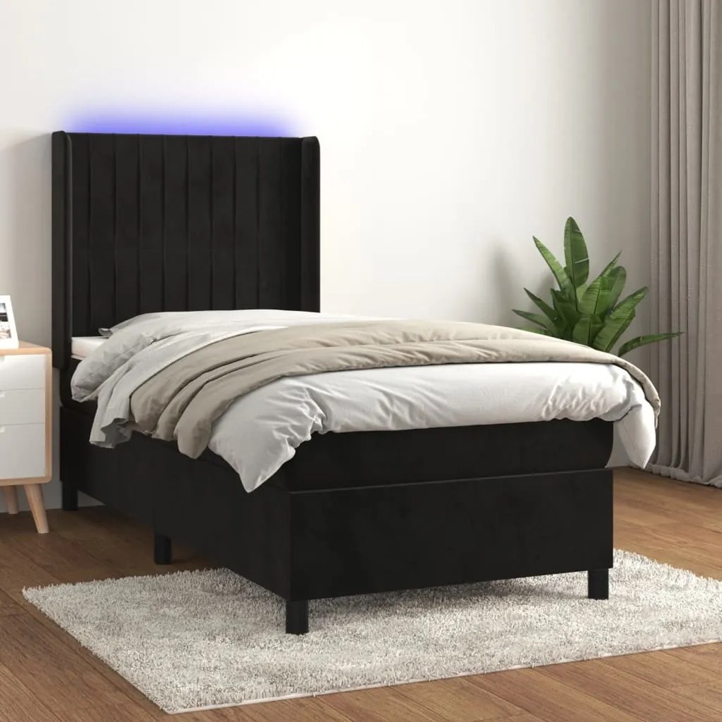 vidaXL Box spring postel s matrací a LED 100x200 cm samet [3139669] Barva: Černá