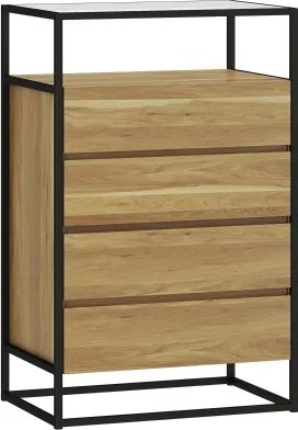 HOMCOM ložnicová komoda se 4 zásuvkami, povrch z tvrzeného skla, otevřená přihrádka, ocelová konstrukce, 60x40x94,5 cm, teak