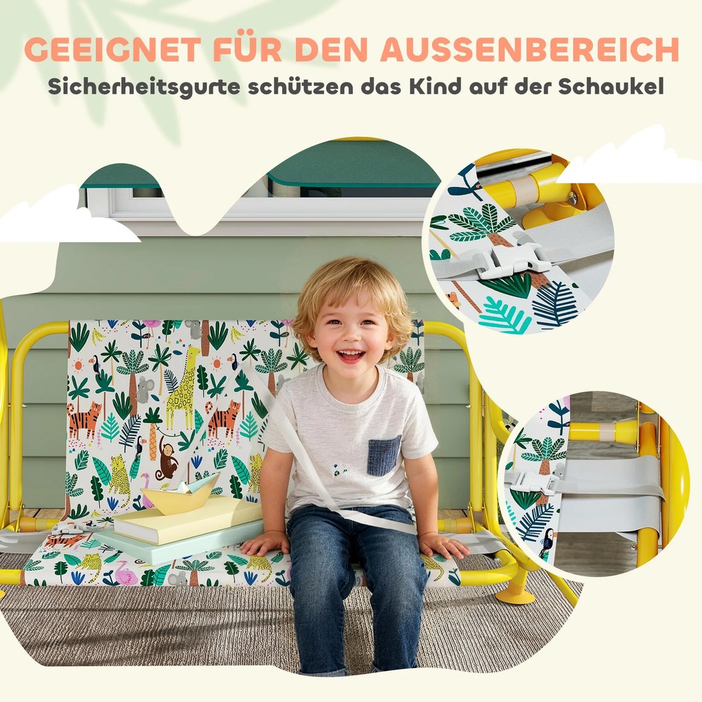 dětská dvoumístná houpačka s nastavitelnou stříškou a bezpečnostním pásem pro děti od 3 do 6 let do 60 kg 112x75x120 cm Zelená