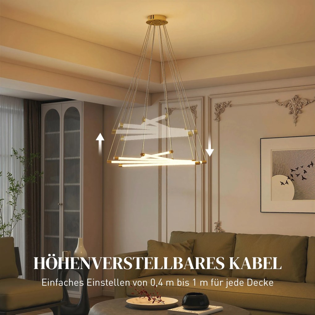 HOMCOM Stropní svítidlo LED, 50 W, 5 nastavitelných světelných trubic, přizpůsobitelné, stropní svítidlo do obývacího pokoje, jídelny, kuchyně, zlatá…