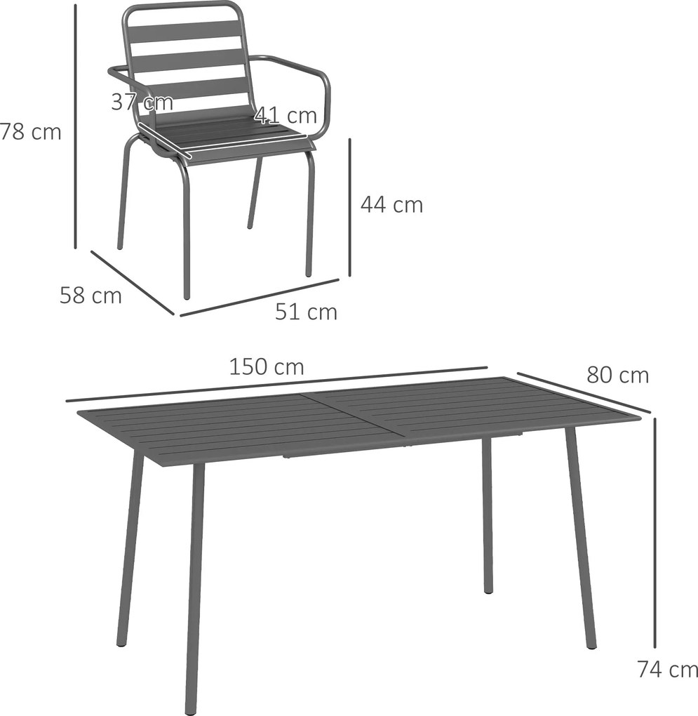 Outsunny Zahradní Jídelní Sada 7 Dílů s 1 Stolem a 6 Stohovatelnými Židlemi šedé barvy