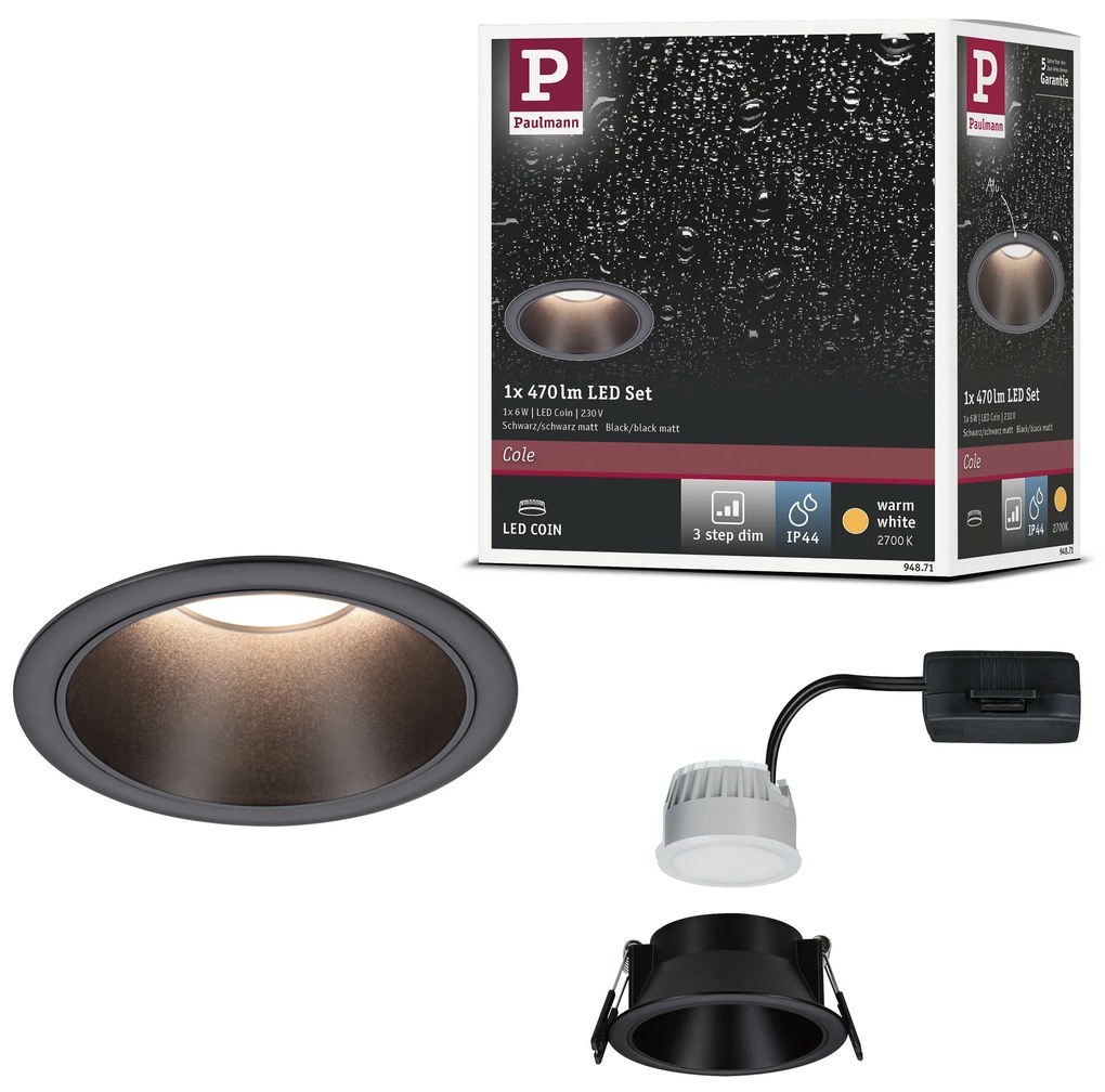 Paulmann 94871 LED Cole, bodovka v černé úpravě, 1x6,5W LED 2700K tříkrokové stmívání, prům. 8,8cm, IP44