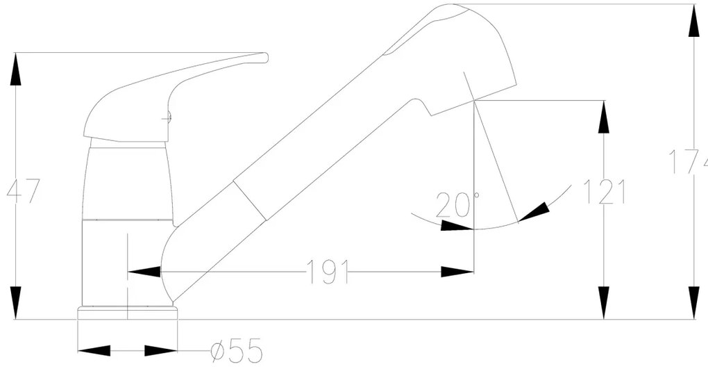 Baterie dřezová teleskopická, délka hadice 130cm, 35mm, chrom