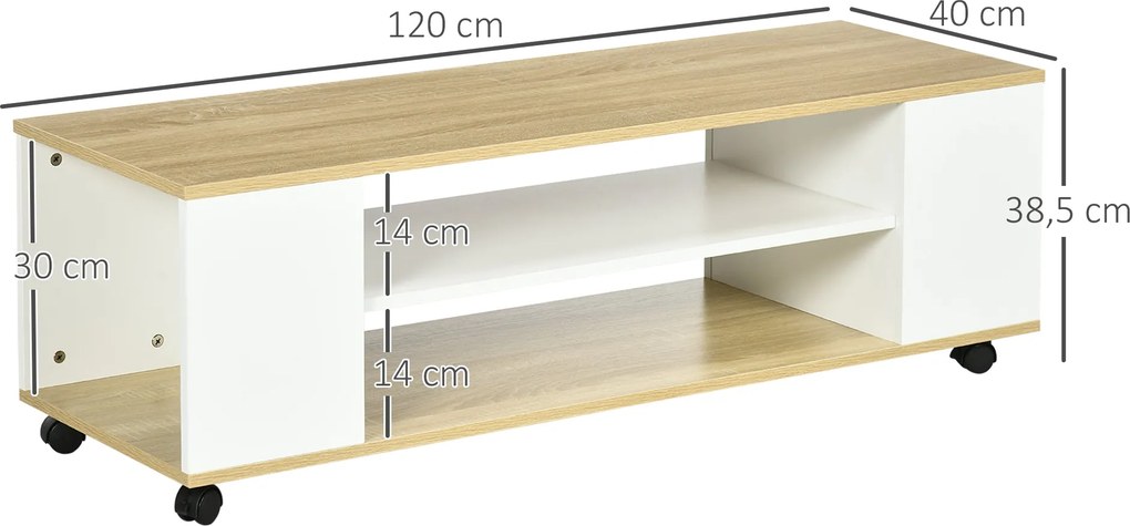 HOMCOM TV Stojan na Kolečkách - Nástěnný TV Stojan s 2 Úložnými Policemi pro Televize do 139 cm - 120x40x38,5 cm