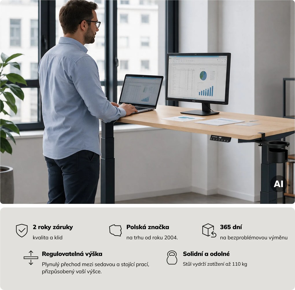 Elektrický stůl s regulací výšky ergonomický antracitový/dub sonoma,1600x800 mm: ARIA