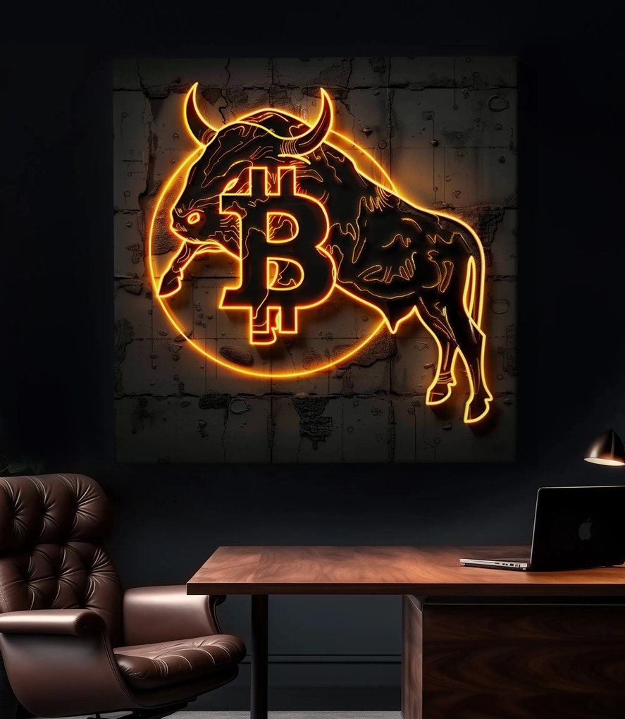 Obraz na plátně - Bitcoin Býk, neon logo FeelHappy.cz Velikost obrazu: 140 x 140 cm