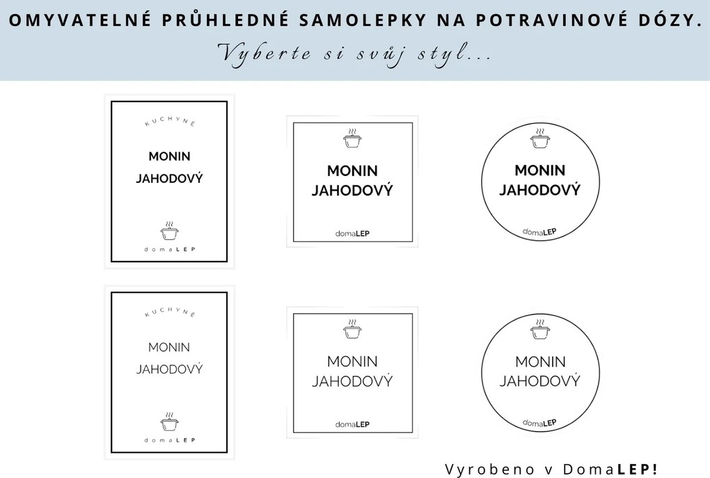 MONIN JAHODOVÝ - omyvatelná samolepka na dózu, výběr rozměrů Ø 5 cm / 5 x 5 cm / 6 x 8 cm | DomaLEP tvar: KOLEČKO, barva: PRŮHLEDNÁ - ČERNÉ písmo, velikost: Ø 5 cm - tučné písmo