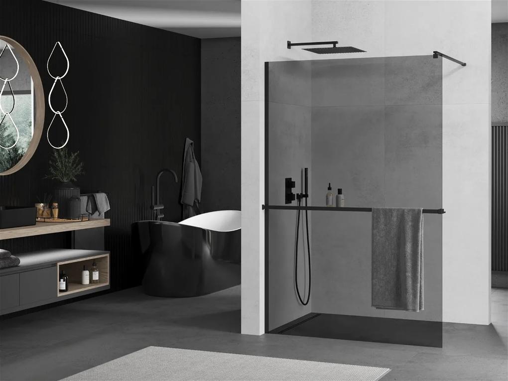 Mexen Kioto+, sprchová zástěna s poličkou a držákem na ručníky 100 x 200 cm, 8mm šedé sklo, černý profil, 800-100-121-70-40