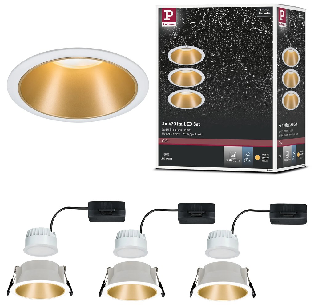 Paulmann 93406 Cole Coin, set bodovek v bílo-zlaté úpravě, 3x6W LED 2700K tříkrokové stmívání, prům. 8,8cm, IP44