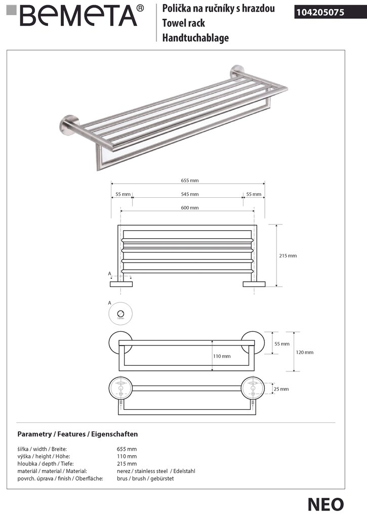 Bemeta Design NEO: Držák ručníků, 600 mm, s hrazdou - 104205075