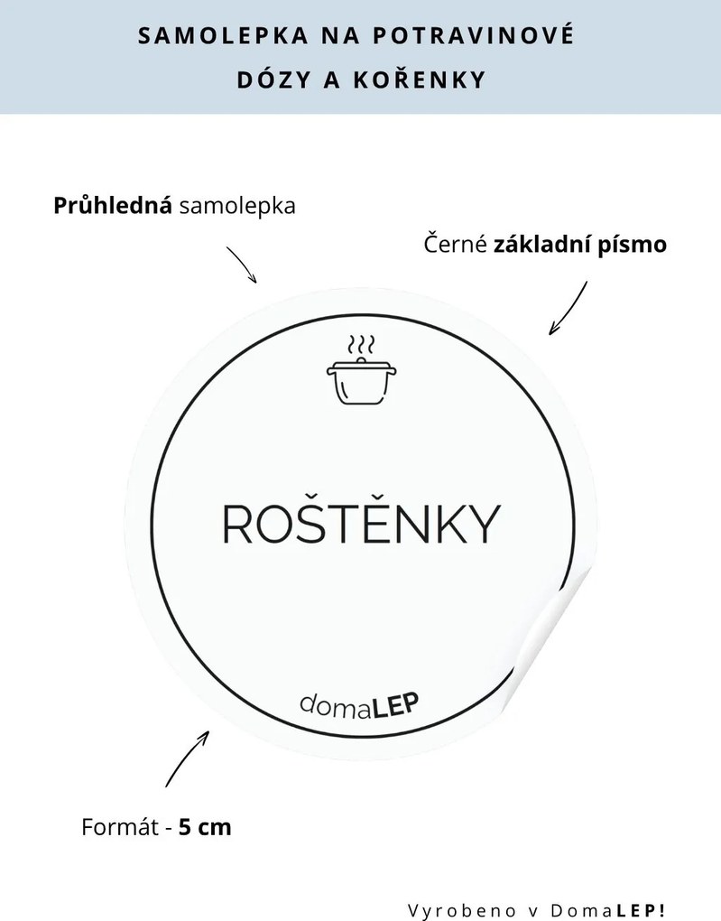 Samolepka na kořenky ROŠTĚNKY průhledná 5 cm základní písmo