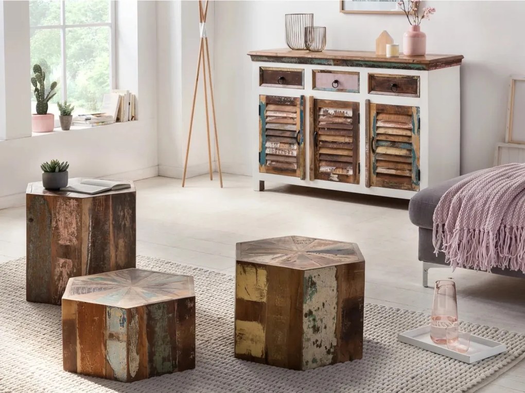 furniture-nabytek.cz - Sada 3 konferenčních stolků Westhill z recyklovaného tvrdého dřeva, lakovaná, vícebarevná, šestihranná