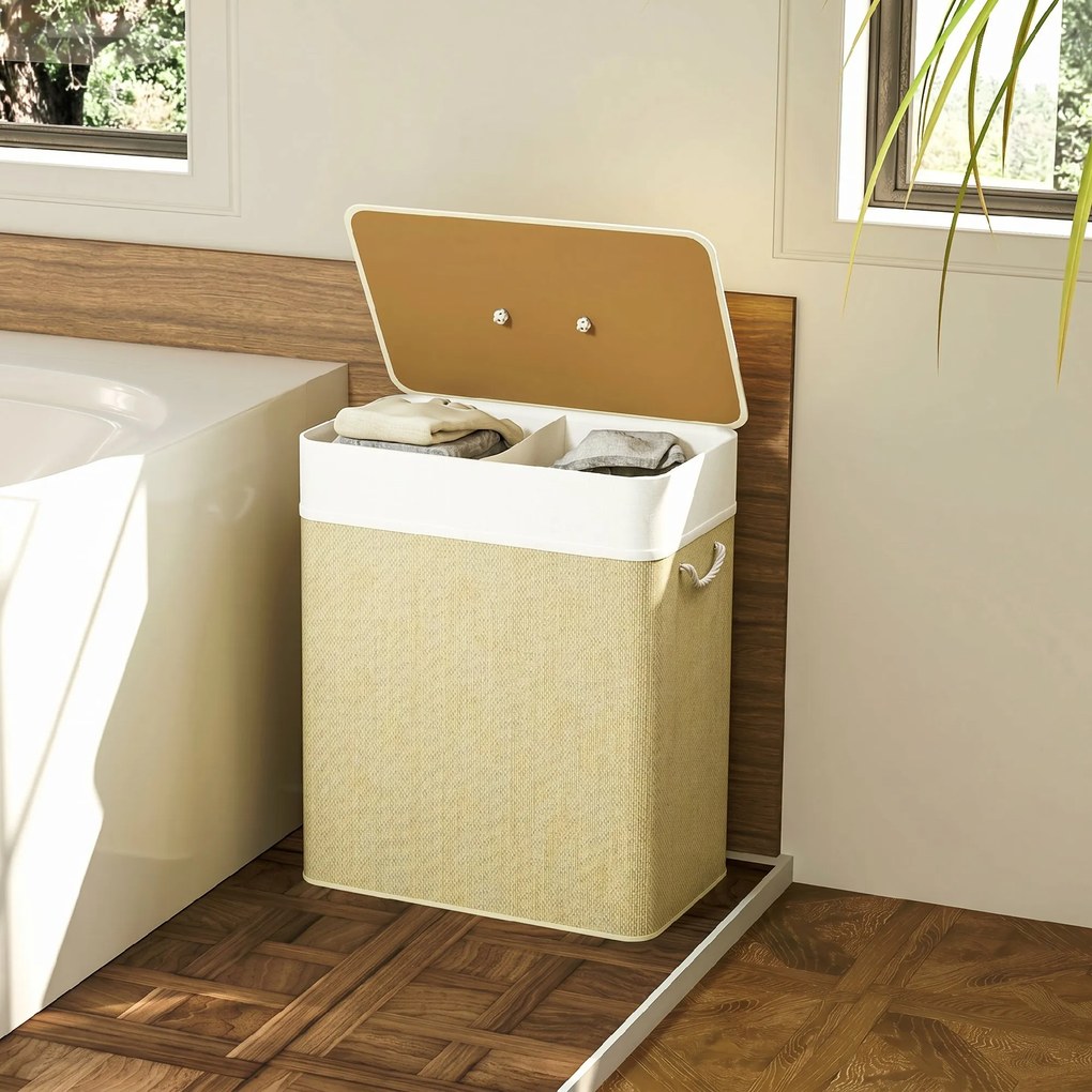 HOMCOM Bambusový koš na prádlo s víkem 100L Koš na prádlo se 2 přihrádkami a vyjímatelným vnitřním pytlem pro laundry room a ložnici 52x32x63 cm Přír…