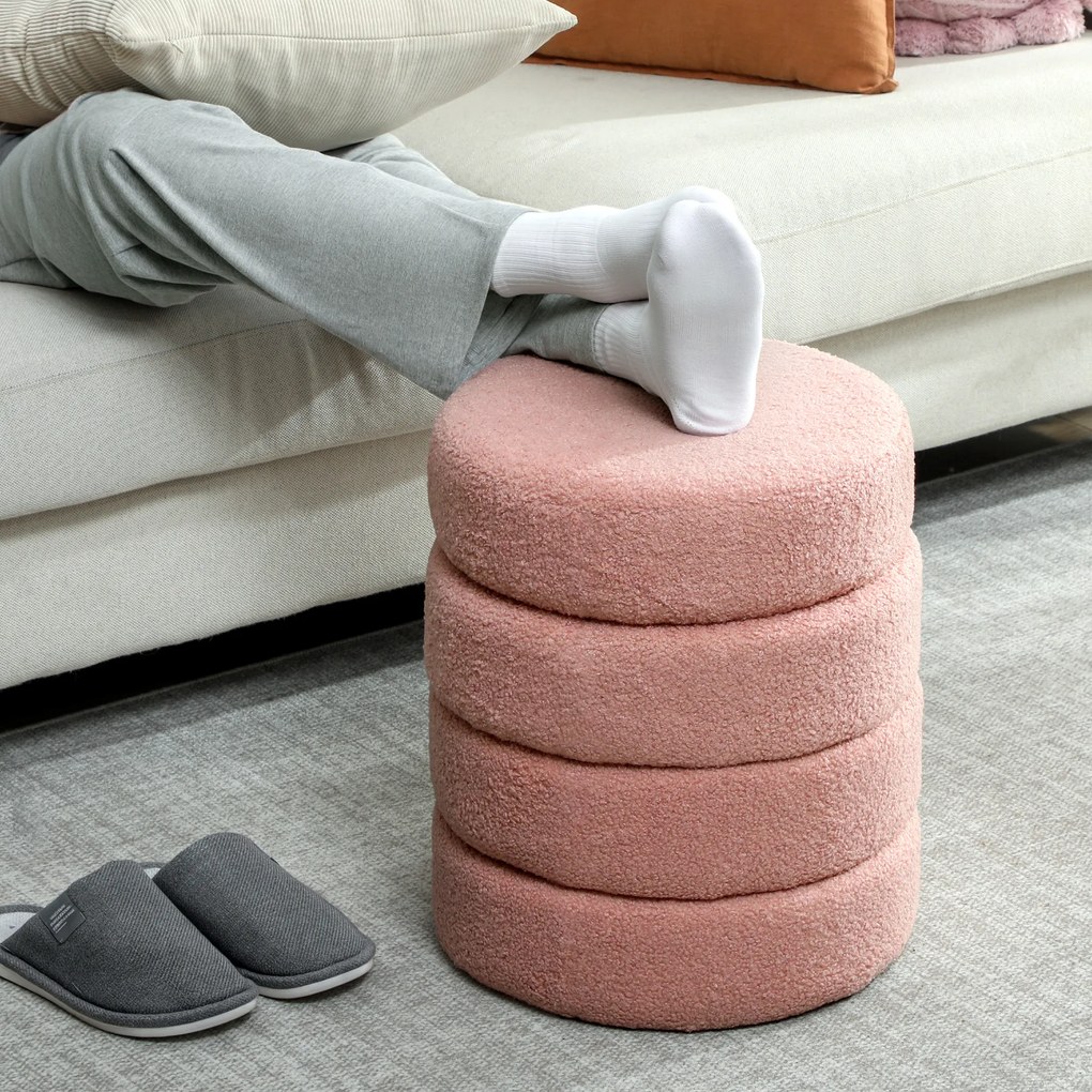 HOMCOM Taburet, kulatý, teddy fleece, do 120 kg, Φ40x45H cm, růžová