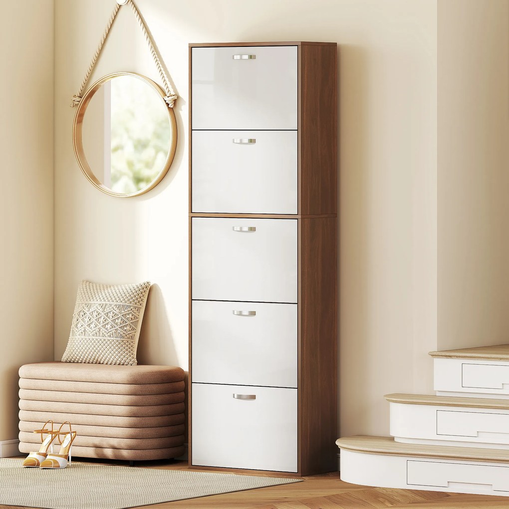 HOMCOM Úzký a úsporný obuvník na 5 pater pro maximálně 30 párů se 2 policemi na úroveň, MDF obuvník, 60x28x189 cm, bílá a hnědá