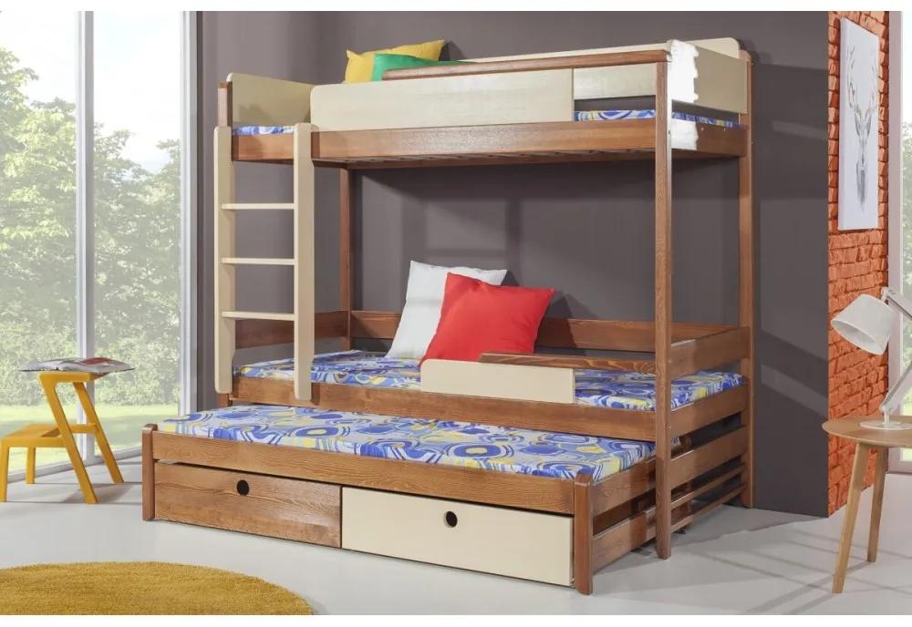 Poschoďová postel s přistýlkou a úložným prostorem pro 3 děti NATY3, masiv borovice , Dub