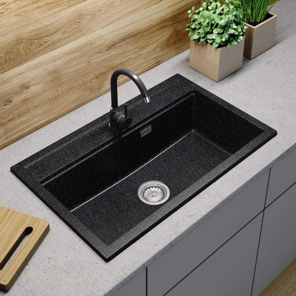 Gamma Advance, 1-komorový granitový dřez 805x505x210 mm, černá se zlatými tečkami, GMA-ZLE000115