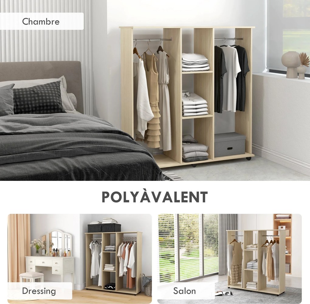 HOMCOM Mobilní skříň s úložným prostorem na 6 kolečkách 120 x 40 x 128 cm Přírodní dřevo