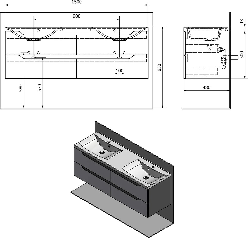 Sapho WAVE dvojumyvadlová skříňka 149,7 x 50 x 47,8 cm bílá/dub alabama WA150-3022