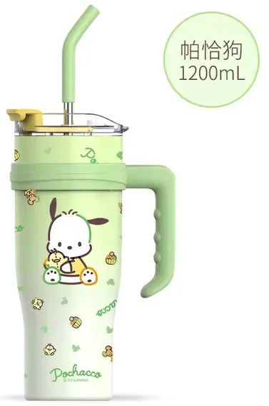 Dětský termohrnek - Hello Kitty, Kuromi, Cinnamoroll, Melody, nerezová ocel s brčkem (1200 ml) Barva: zelená (Pochacco)