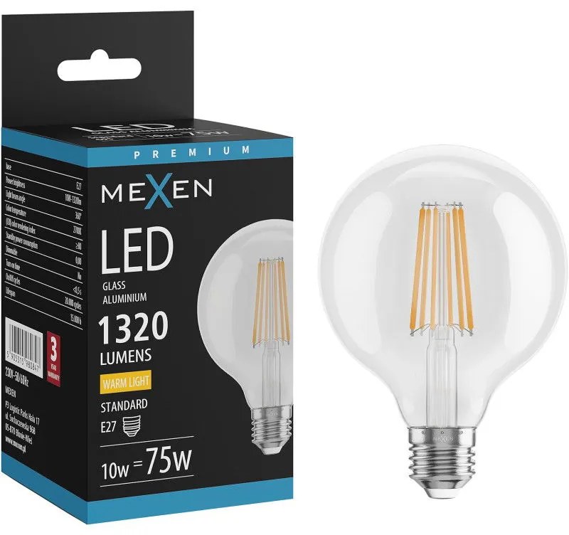 Mexen Vintis LED vlákno žárovka E27, G95, 10W, Teplá - 2700K, 1320 lm, čirá - L157-E27-1027-00