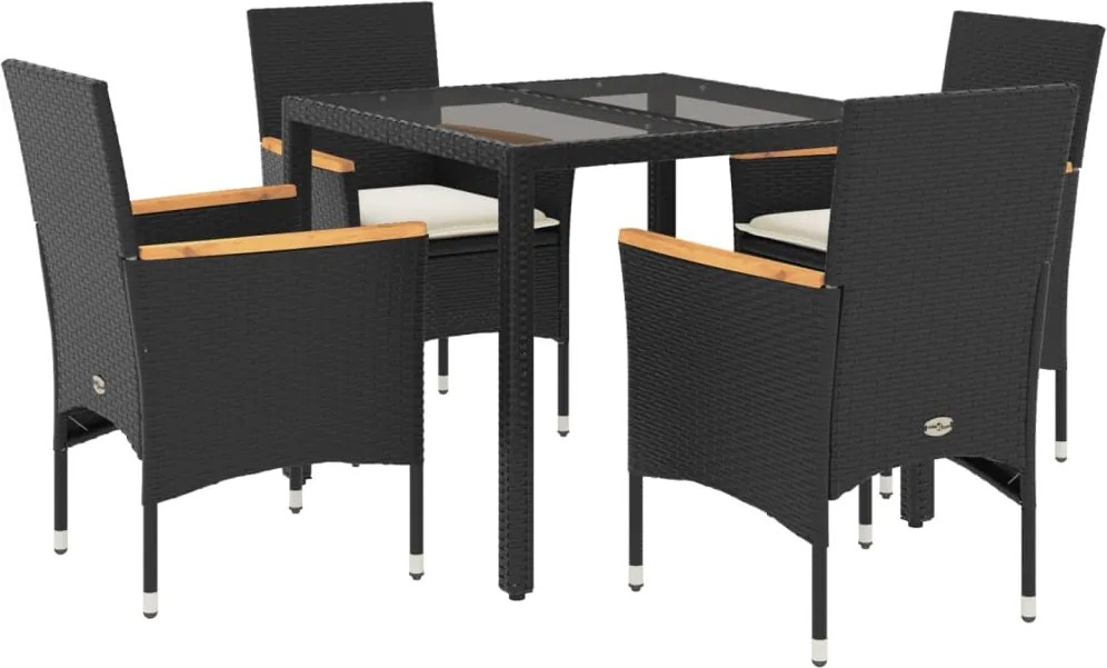 5dílný zahradní jídelní set s poduškami černý polyratan a sklo 3278646