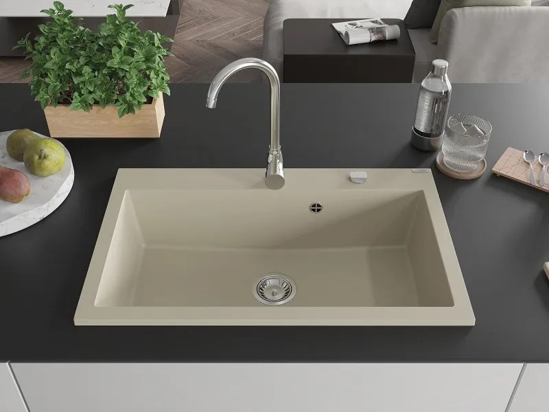 Mexen Elix granitový dřez jednokomorový 800 x 500 mm, béžový, sifon chrom - 6527801005-69