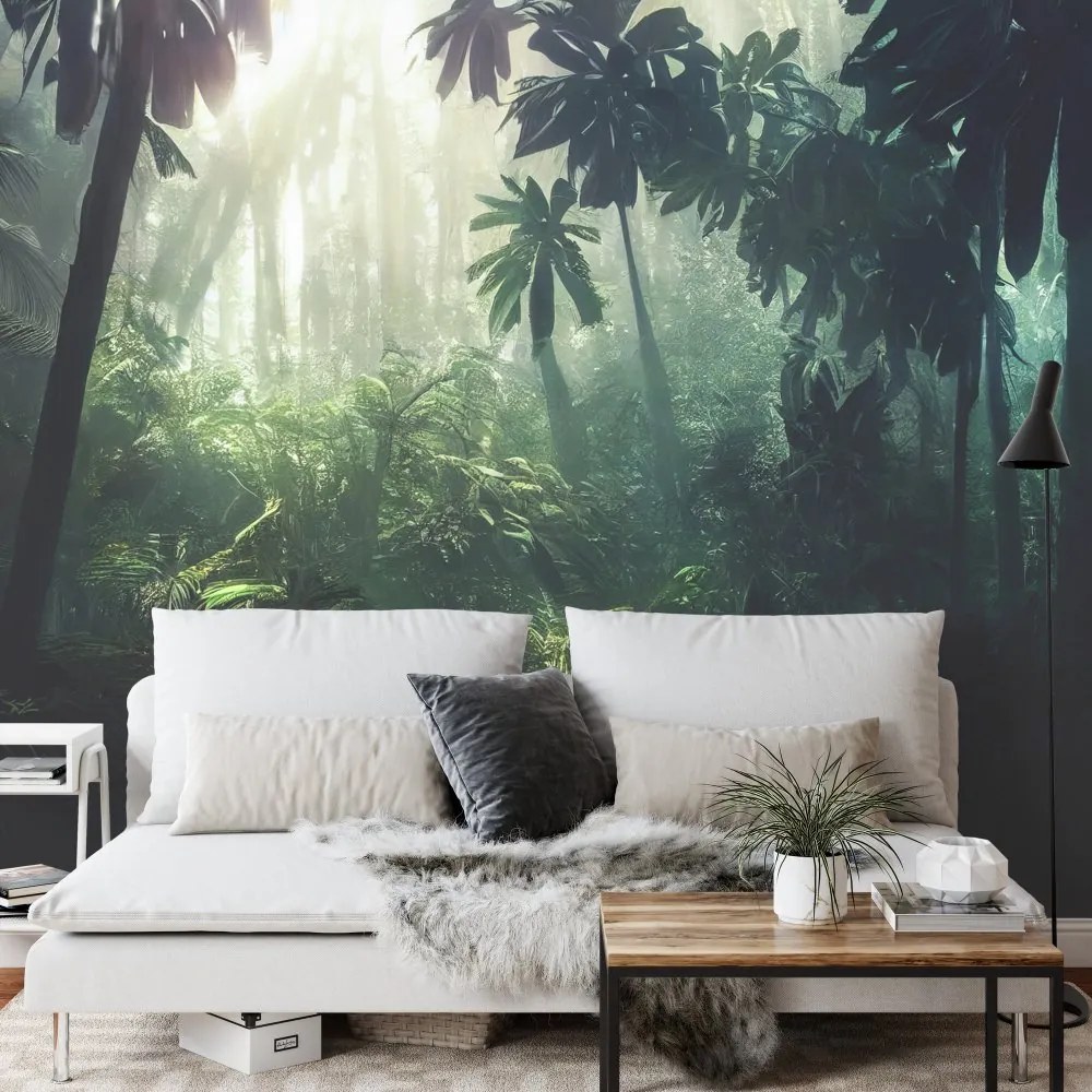 Fototapeta Dark Rainforest, Sun Rays Through The Trees, Rich Jungle Greenery. Atmospheric Fantasy Forest. 3D . Hladký vinyl 315x210