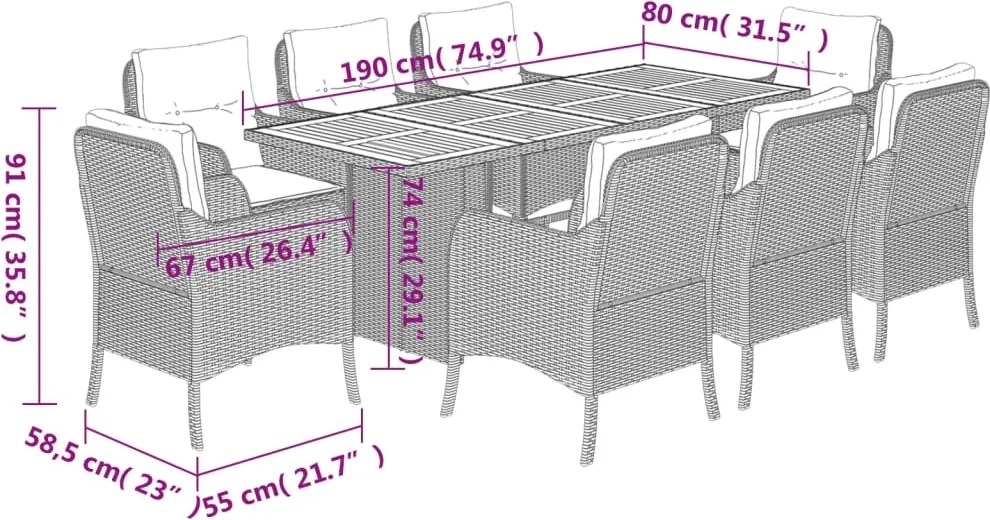 9dílný zahradní jídelní set s poduškami béžový polyratan 3211901